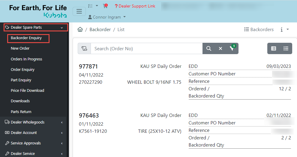 Dealer Online: Spare Parts Back order Enquiry – Kubota